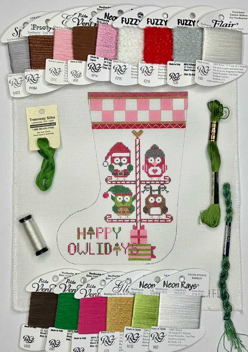 Happy Owlidays with stitch guide and threads | Needlepoint Destashing